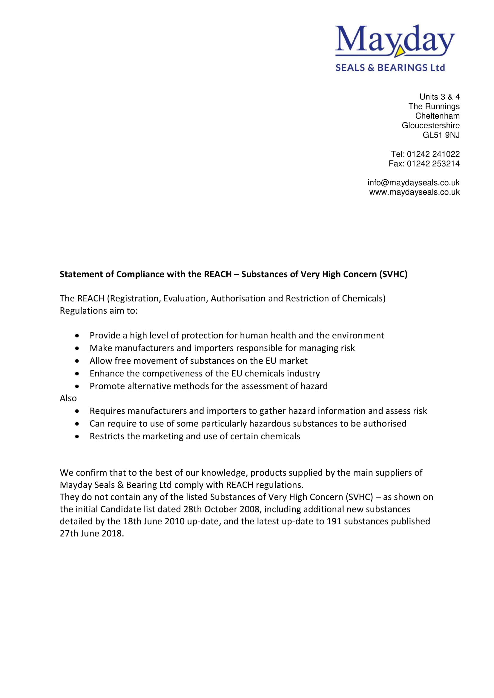 Statement of Compliance with REACH